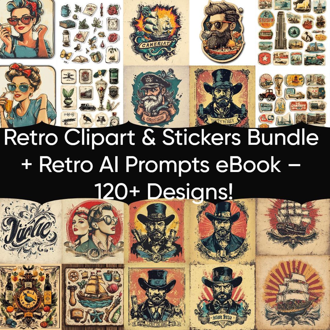 Retro Clipart & Stickers Bundle + Retro AI Prompts Ebook – 120+ Designs ...