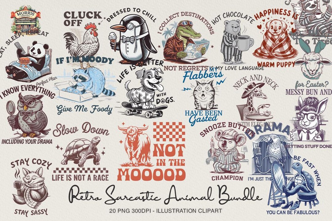 Retro Sarcastic Animal Clipart Bundle – Funny Pngs for Shirts, Mugs ...