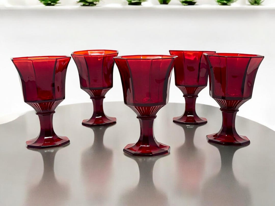 Set of 5 Ruby Red Octogon Independence Glass Juice Glasses Wine Glasses ...
