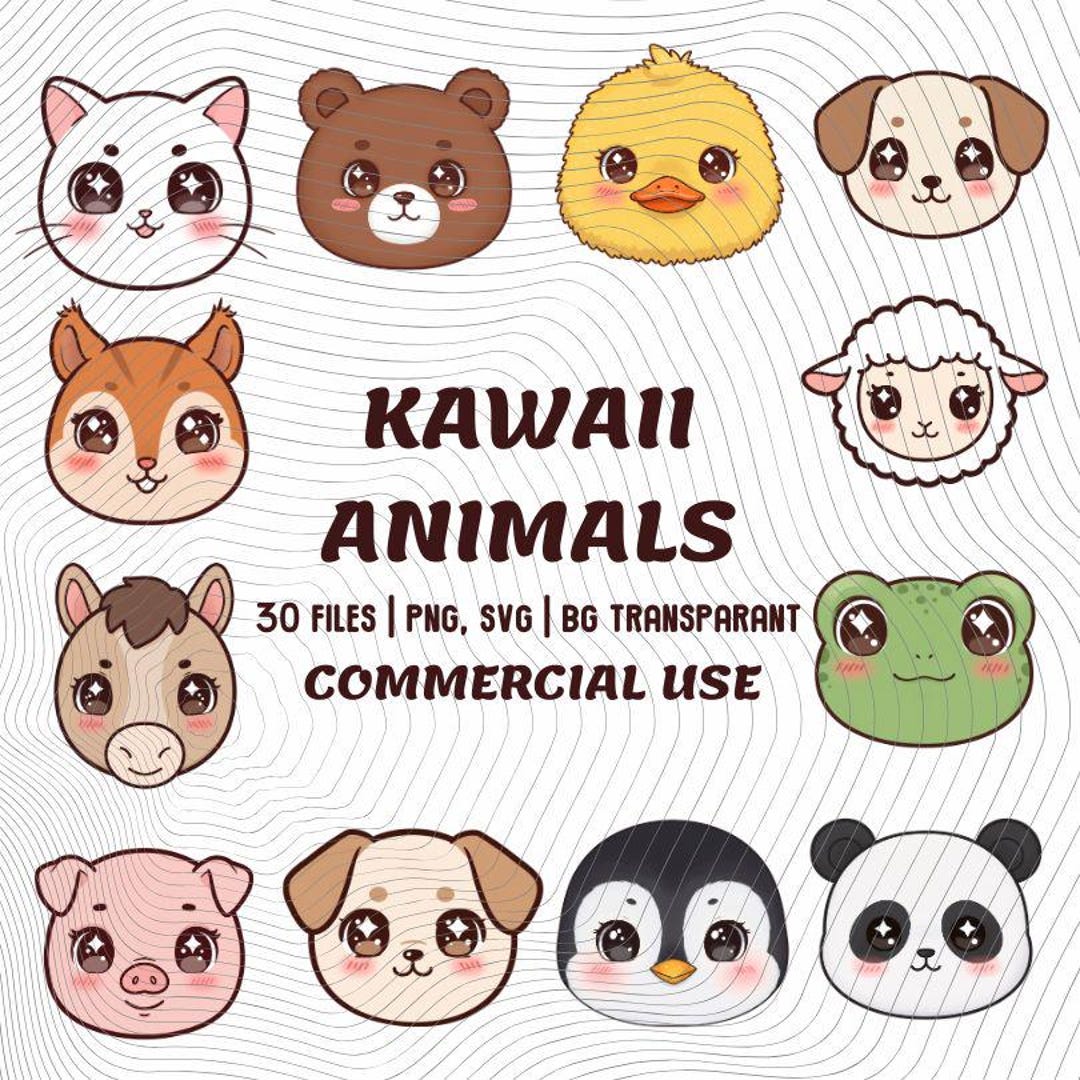 Kawaii Animal Clipart Bundle – Chibi Animal Faces, PNG SVG (digital ...
