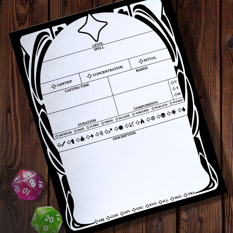 Art Nouveau Dnd 5e Dungeons and Dragons TTRPG Blank Spell Card Notepad ...