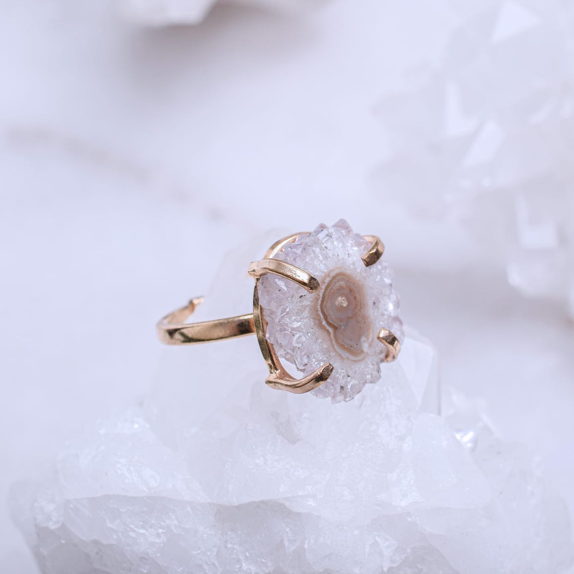 White Stalactite Ring – Gold Adjustable Raw Crystal Ring – Natural ...