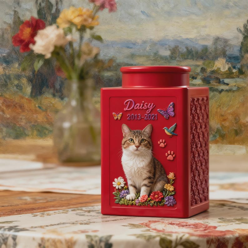 Floral Pattern Metal Cat Urn for Ashes, Custom Cat Photo Memorial Urn ...