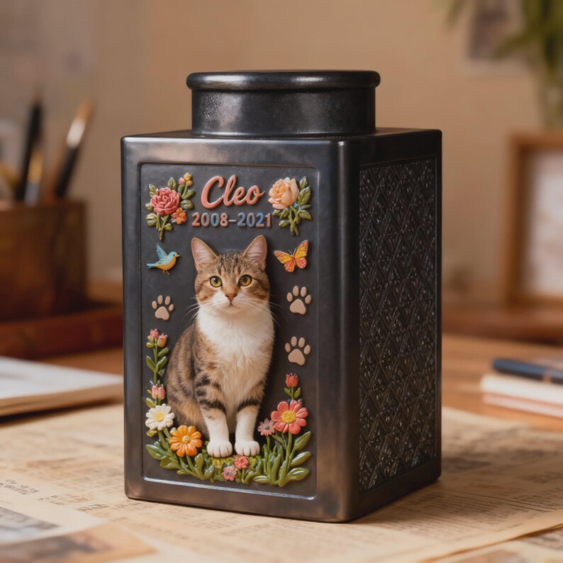 Floral Pattern Metal Cat Urn for Ashes, Custom Cat Photo Memorial Urn ...