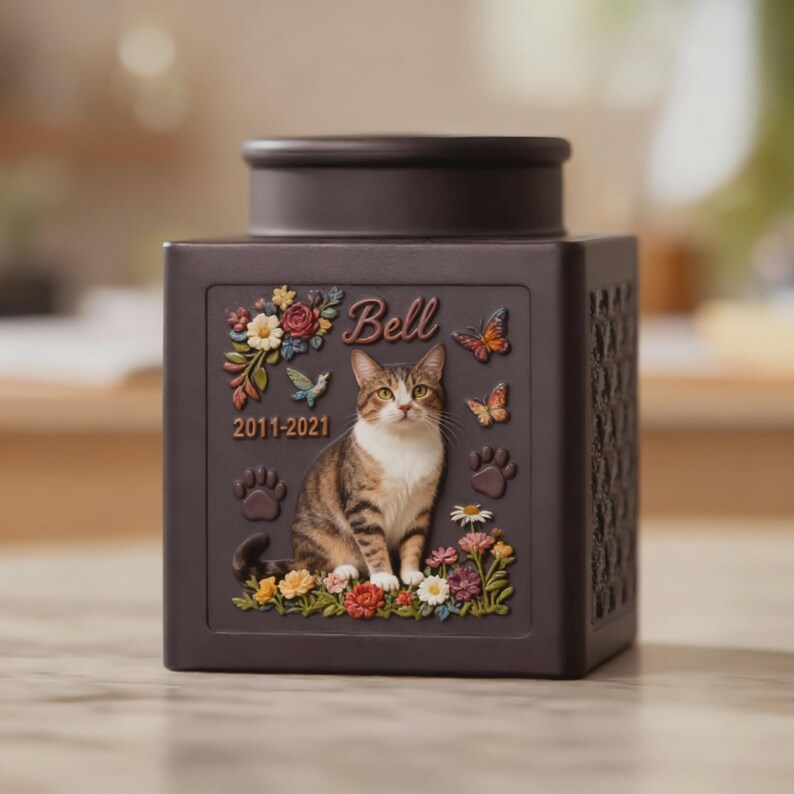 Floral Pattern Metal Cat Urn for Ashes, Custom Cat Photo Memorial Urn ...