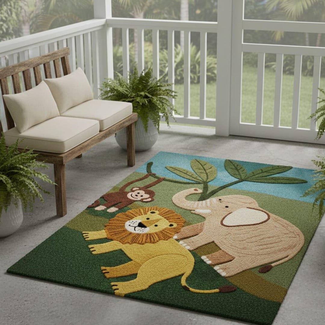 Hand Tufted Jungle Safari Wool Rug - Lion, Elephant & Monkey Carpet for ...