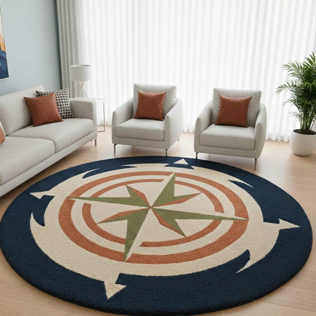 Compass Rose Rug – Nautical Navy Blue and Terracotta Wool Area Rug - Etsy