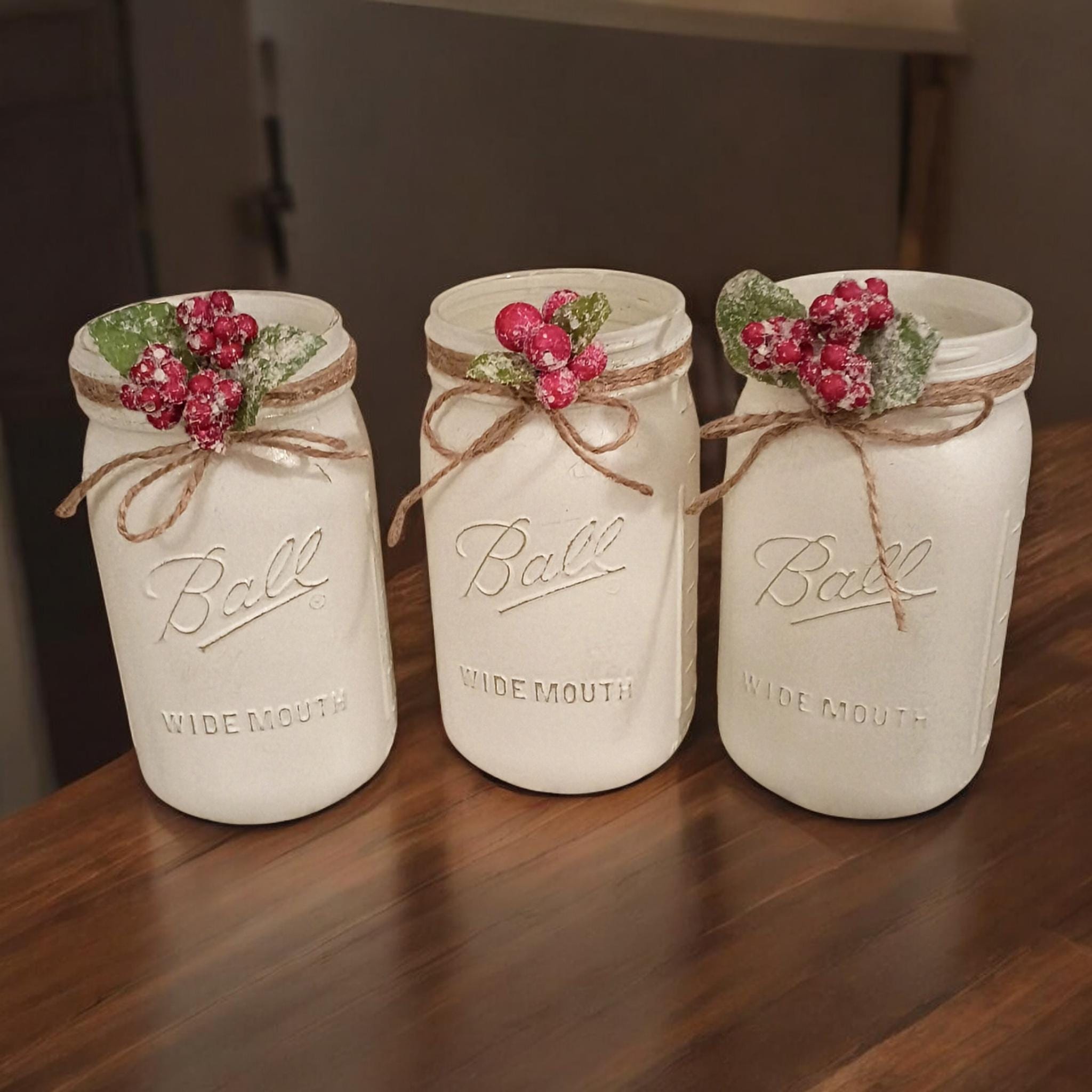 Rustic Christmas Mason Jars, Farmhouse Holiday Decor, Frosted Berries ...