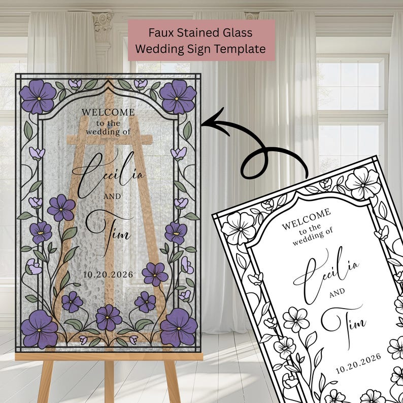 Faux Stained Glass Wedding Sign Template Floral Pointed Arch, Elegant ...