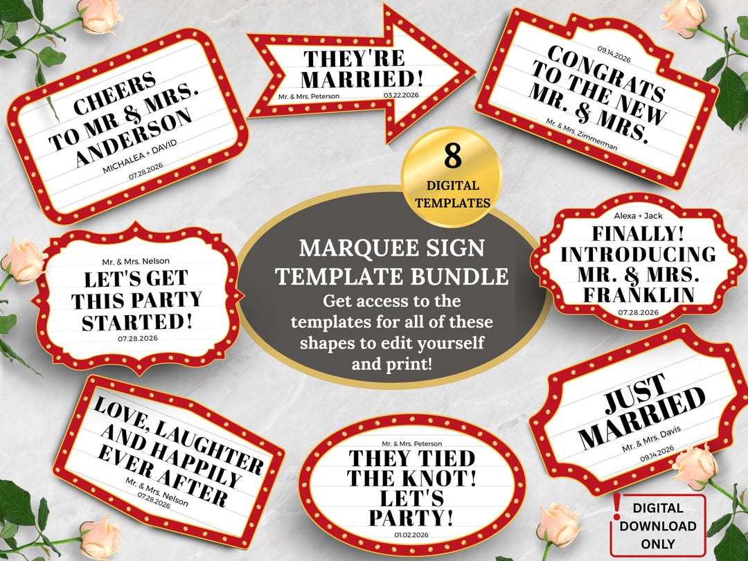 Red Wedding Marquee Sign Bundle of 8, Customizable Reception Template ...