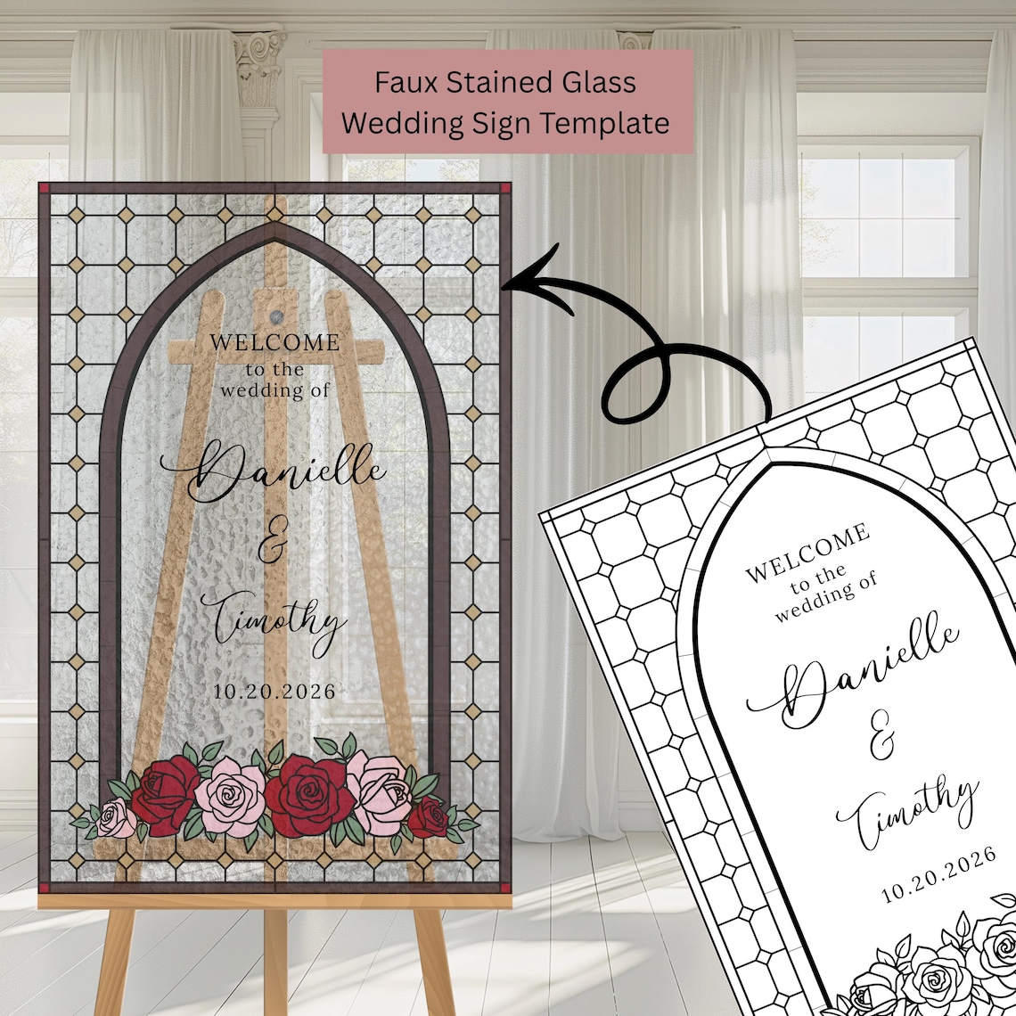 Faux Stained Glass Wedding Sign Template Rose Arch, Elegant DIY Design ...