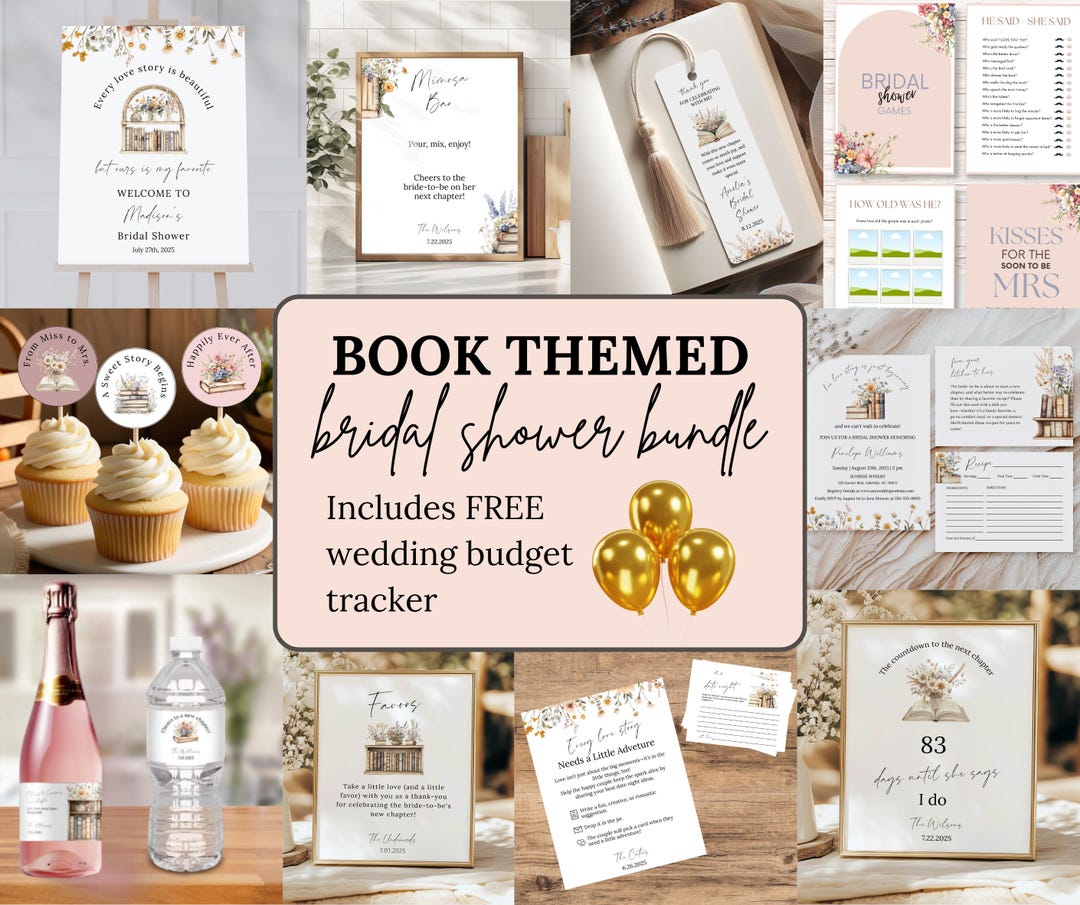 Book Themed Bridal Shower Bundle, Printable Games, Editable Invitations ...