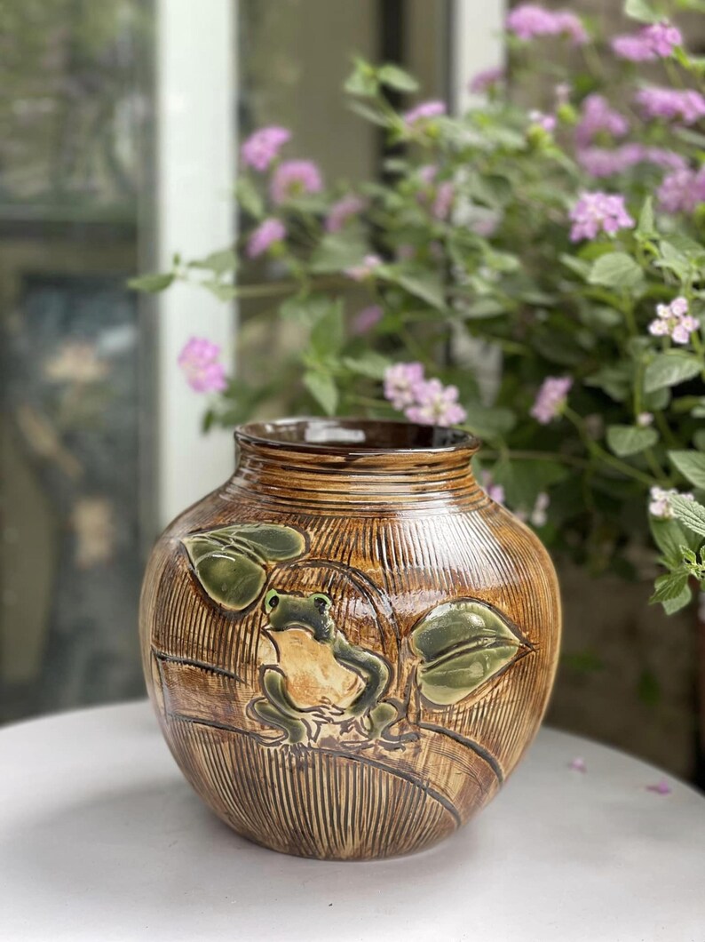 Handcrafted Ceramic Vase With Frog and Leaf Design Vintage - Etsy