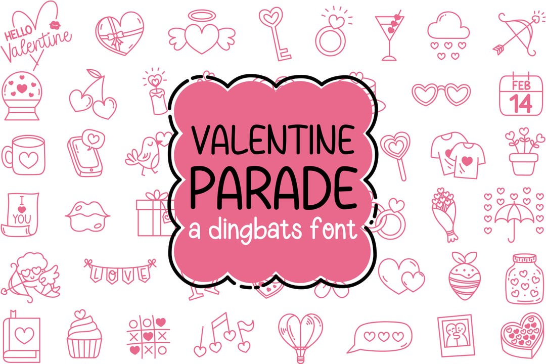 Valentine Parade Doodle Font: Romantic Dingbats, Love Icons, Heart ...