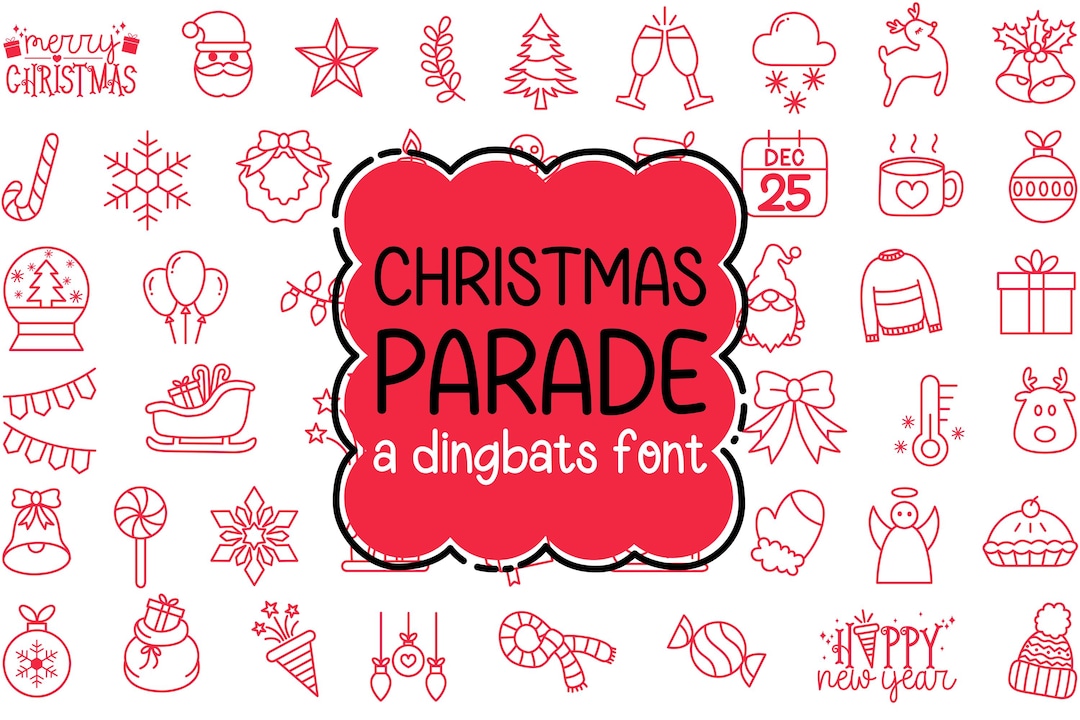 Christmas Parade Doodle Font: Holiday Dingbats, Xmas Icons, Festive ...