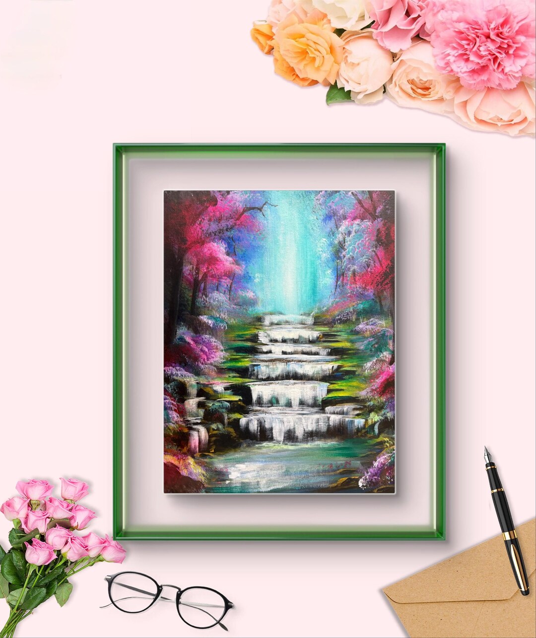 Ethereal Waterfall - Original Fantasy Painting | Mystical Nature Wall ...