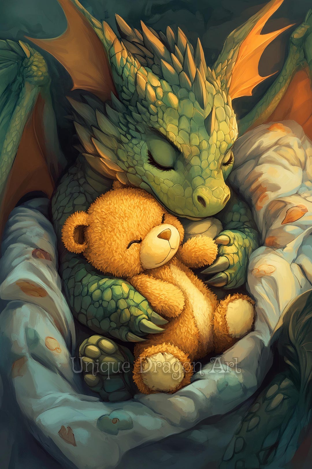 Sleepy Baby Dragon Hugging Teddy – Digital Download, Cute Fantasy ...
