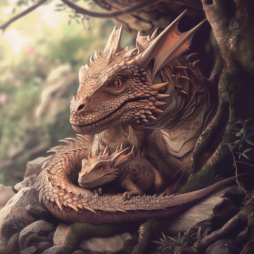 Mother and Baby Dragon Art – Digital Download, Realistic Fantasy ...