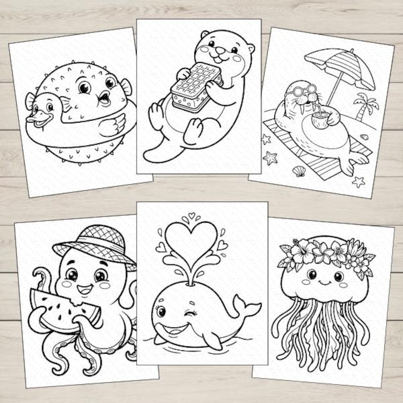 Ocean Summer Coloring Pages for Kids | Kawaii Sea Animals (digital ...