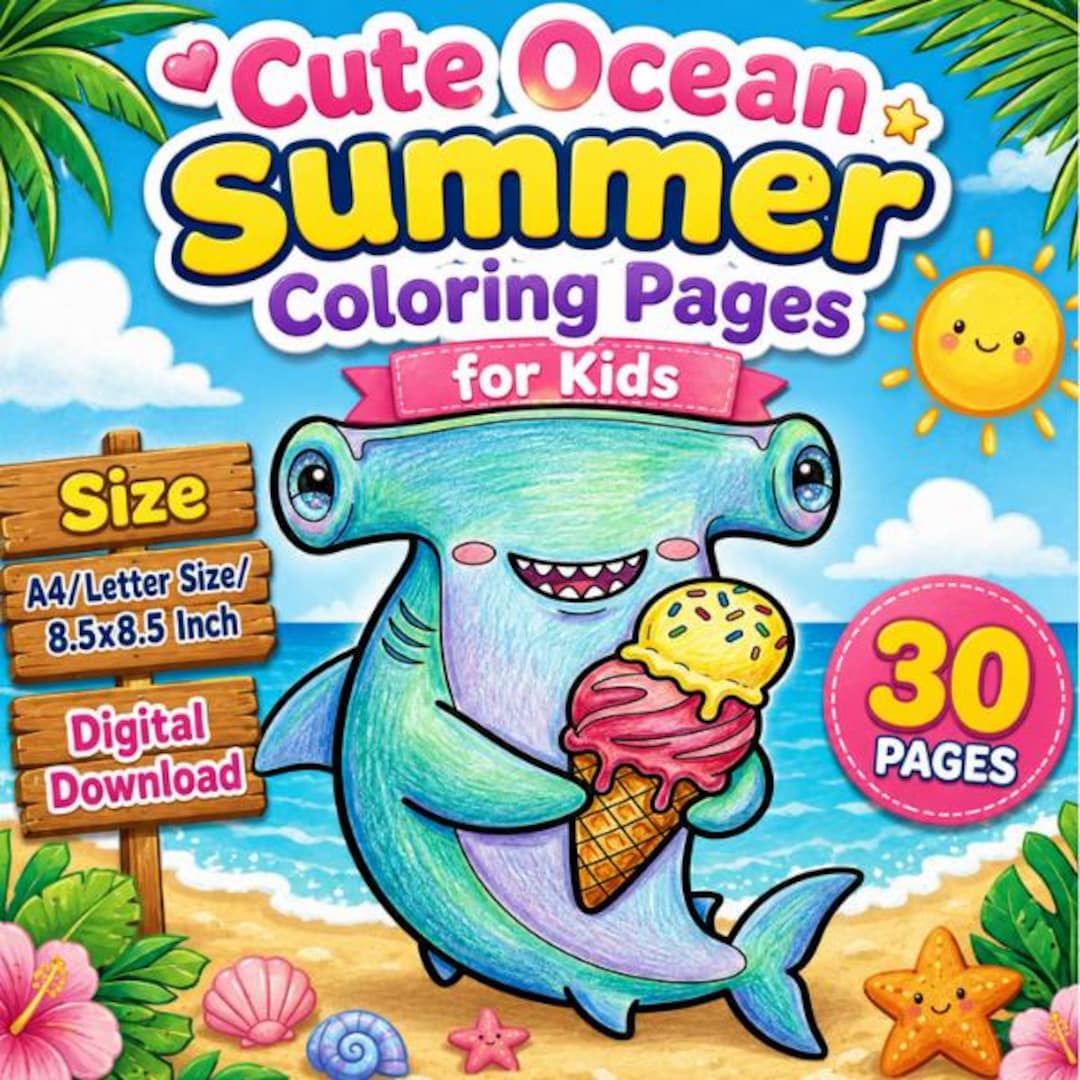 Ocean Summer Coloring Pages for Kids | Kawaii Sea Animals (digital ...