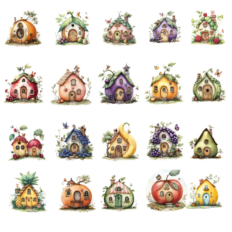 Watercolor Fruit Houses Clipart Set: Whimsical Nursery Art (digital ...