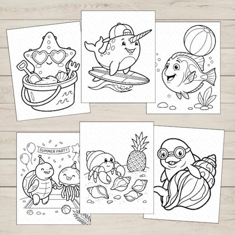 Ocean Summer Coloring Pages for Kids | Kawaii Sea Animals (digital ...