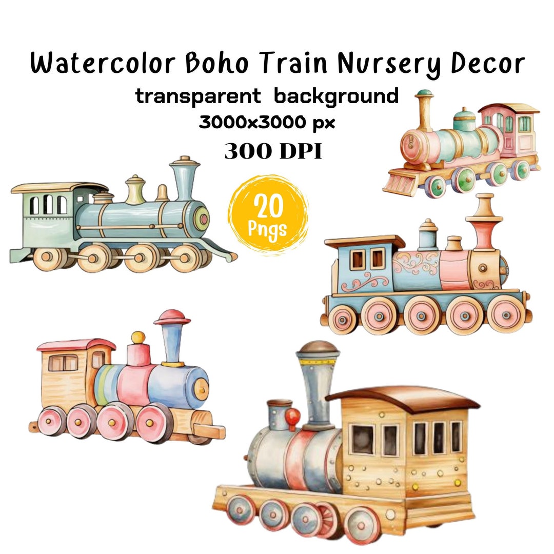 Watercolor Boho Train Nursery Decor Clipart, 20 High Quality Pngs,card ...
