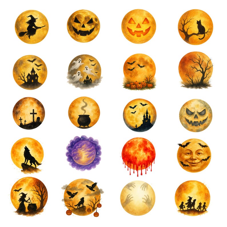 Watercolor Halloween Moon Clipart Bundle: Witch, Werewolf, Skull (PNG Digital Download) - Etsy