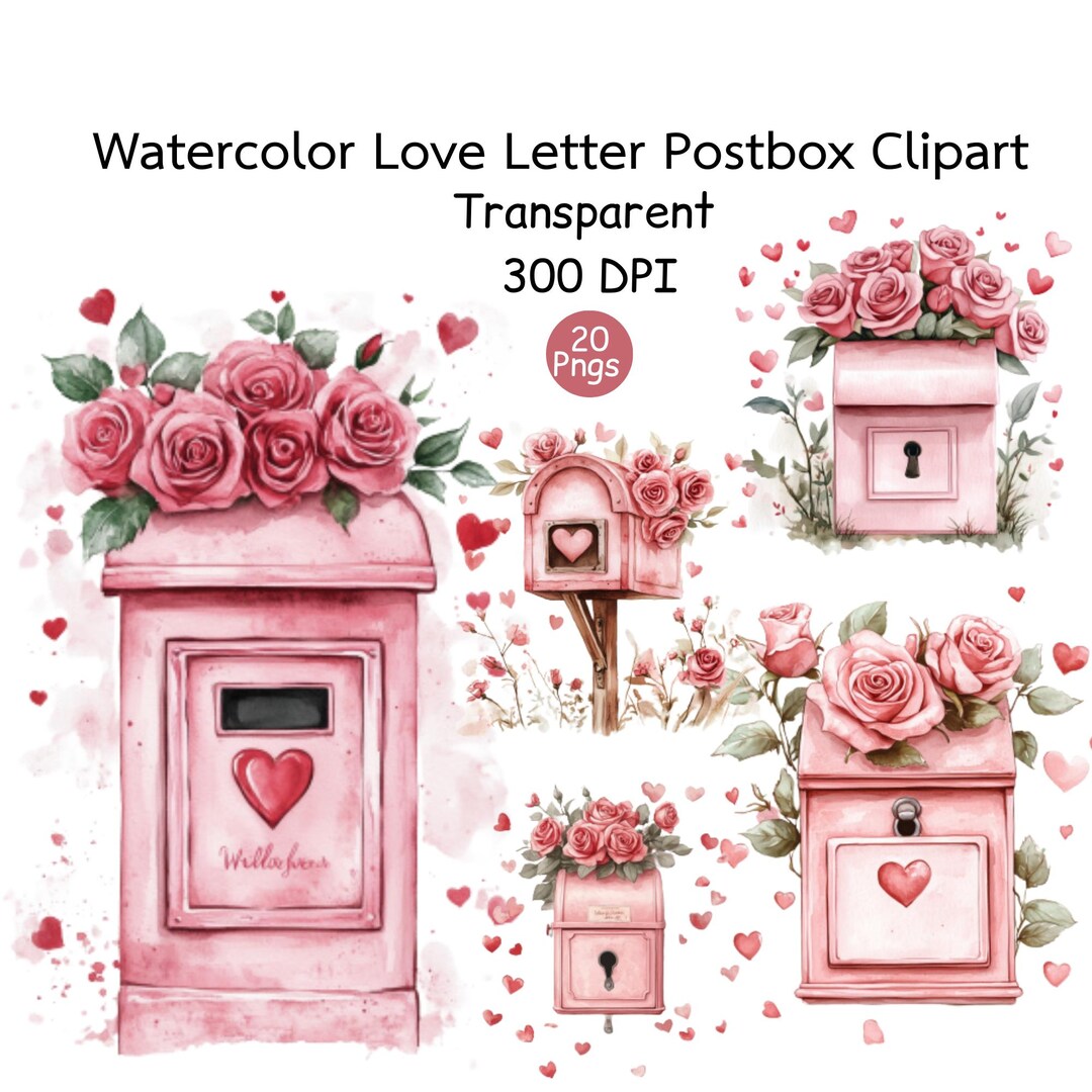 Watercolor Love Letter Postbox Clipart: Rose Mailbox PNG (digital ...