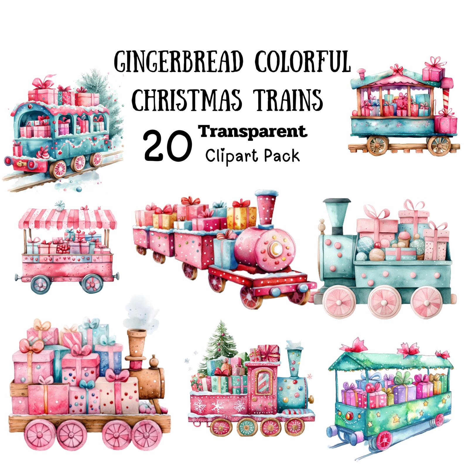 Watercolor Gingerbread Trains Clipart: Christmas Illustrations (PNG ...