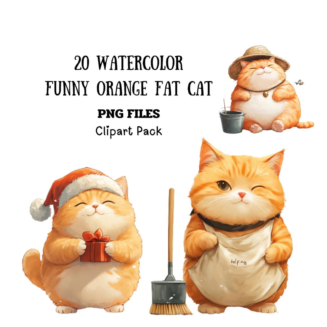 Watercolor Fat Cat Orange Clipart, Digital Download PNG Graphics ...