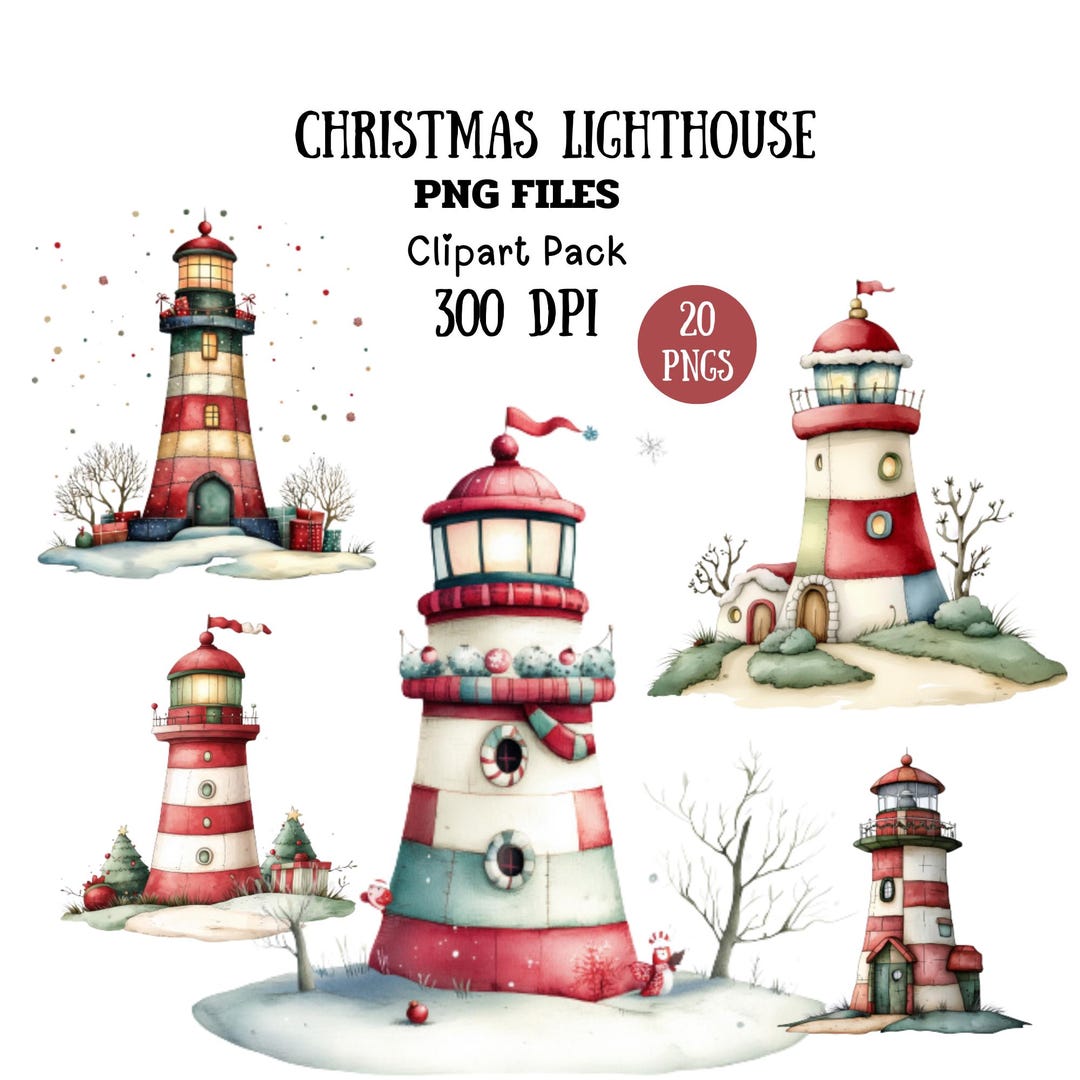 Christmas Lighthouse Clipart,watercolor Christmas Lighthouse Patchwork ...