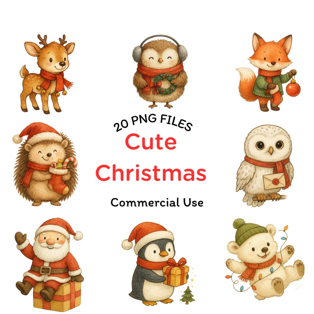 Watercolor Christmas Clipart : Holiday Animals, Santa, Gifts (PNG ...