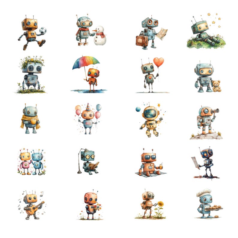Cute Robot Watercolor Clipart,digital Download PNG ,perfect for DIY ...