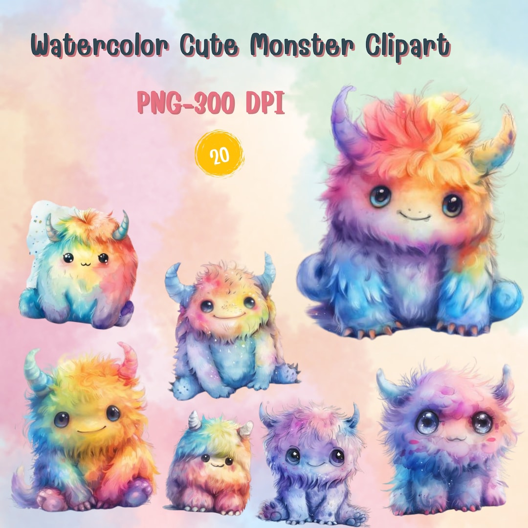 Cute Rainbow Monster Clipart Watercolor PNG,20 High Quality Pngs ...