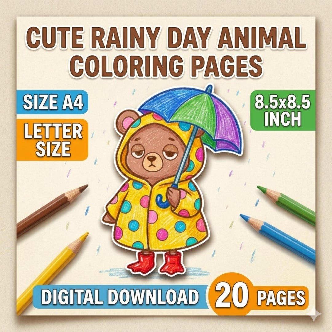 Rainy Day Animal Coloring Pages, Kawaii Animals, Toddler Printable PDF ...
