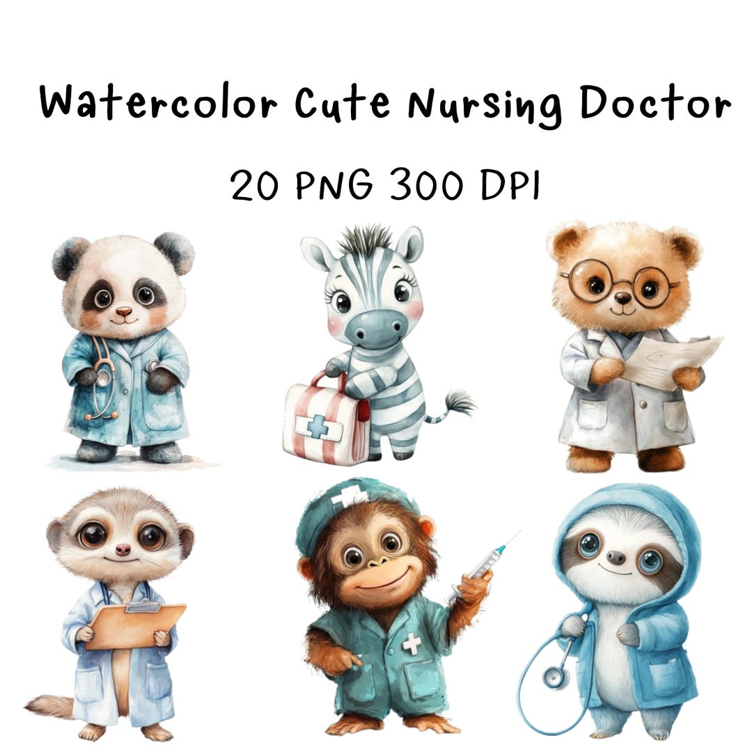 Watercolor Cute Baby Animal Doctor Clipart ,medical Clipart, Nurse ...