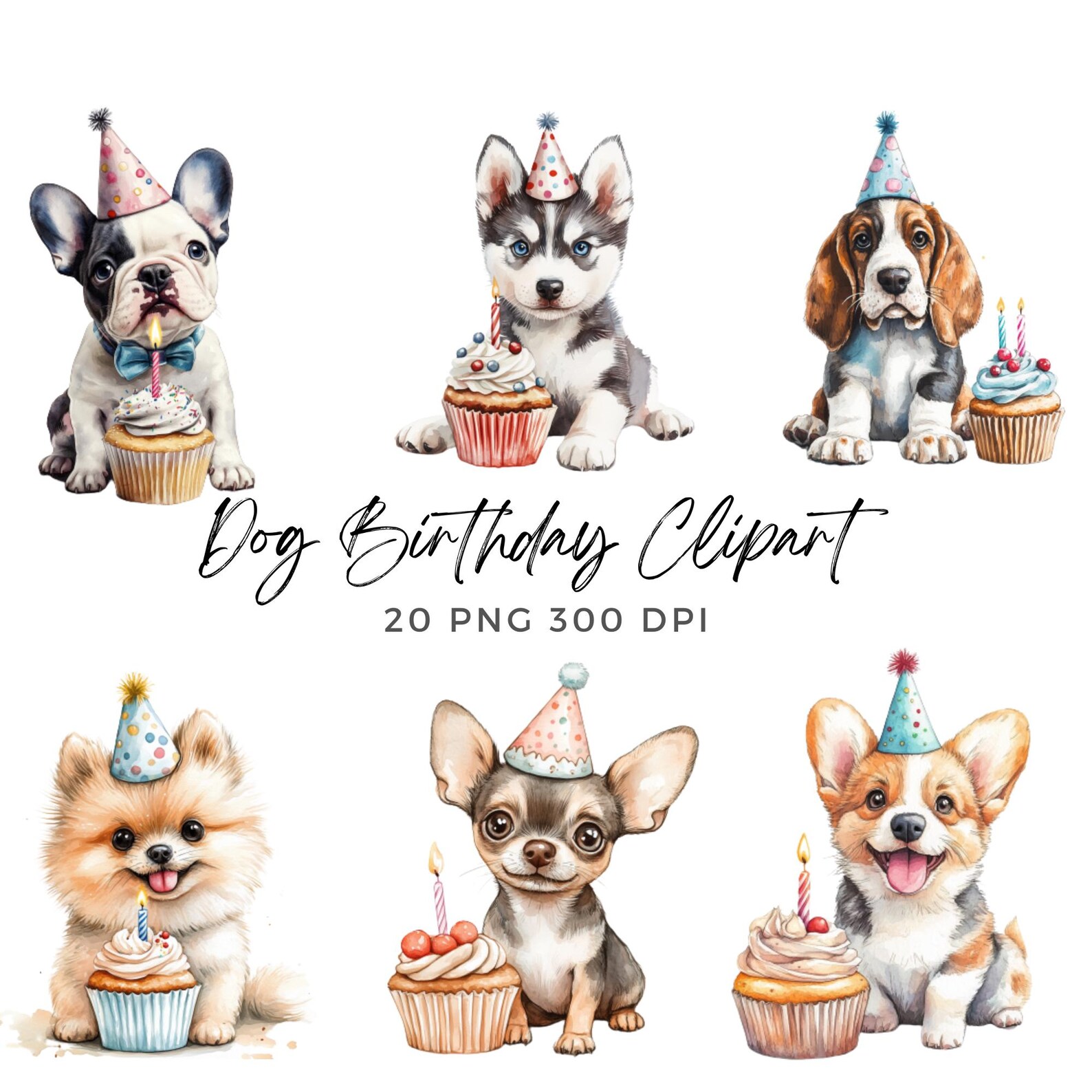 Watercolor Dog Birthday Clipart: Pet Party Illustrations (commercial ...