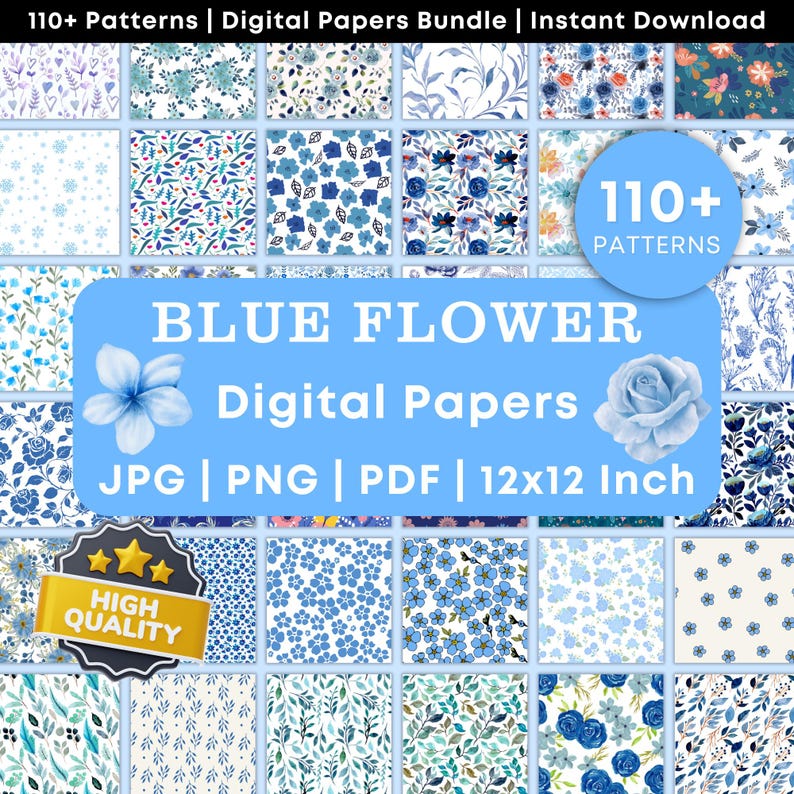 Blue Flower Digital Paper | French Blue Digital Paper Pack | Watercolor ...