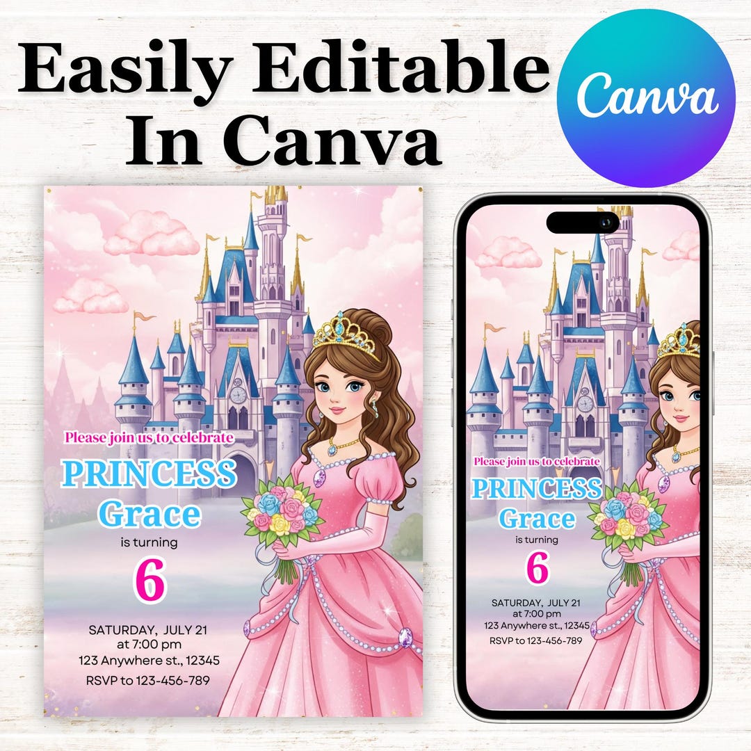 Princess 6th Birthday Invitation: Editable Canva Template (digital ...
