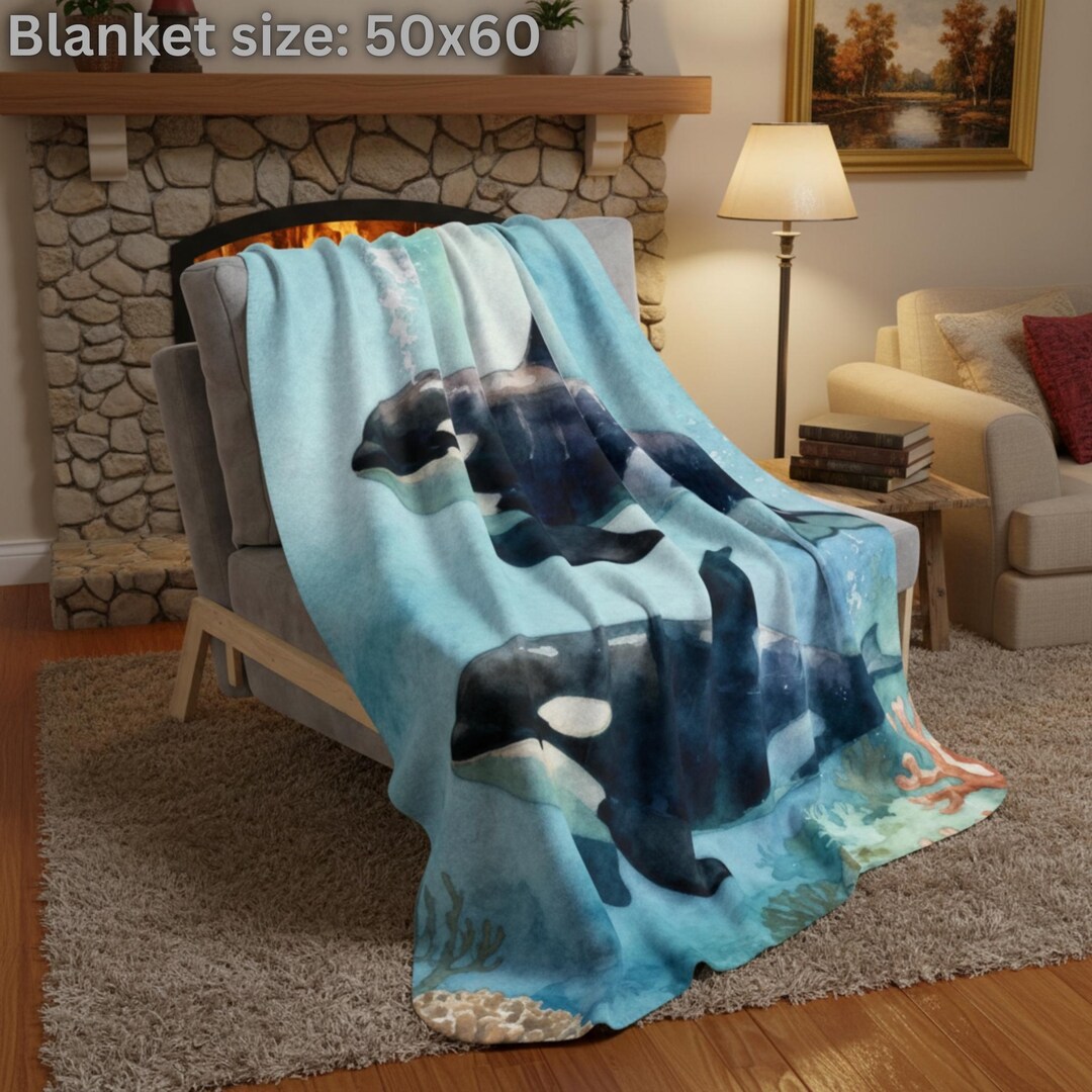 Orca Watercolor Style Sherpa Blanket, Soft Marine Life Throw - Etsy