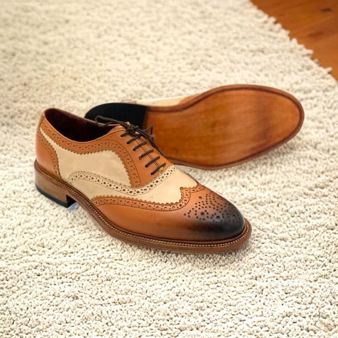 Men's Handmade Two-tone Light Brown and Beige Leather Wingtip Brogues ...
