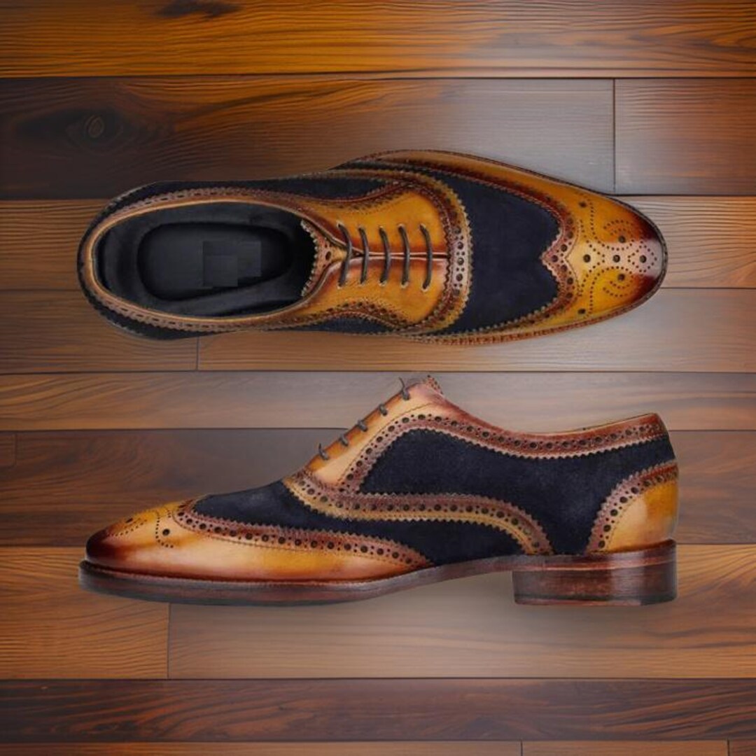 Men's Handmade Two-tone Brown and Blue Leather and Suede Wingtip ...