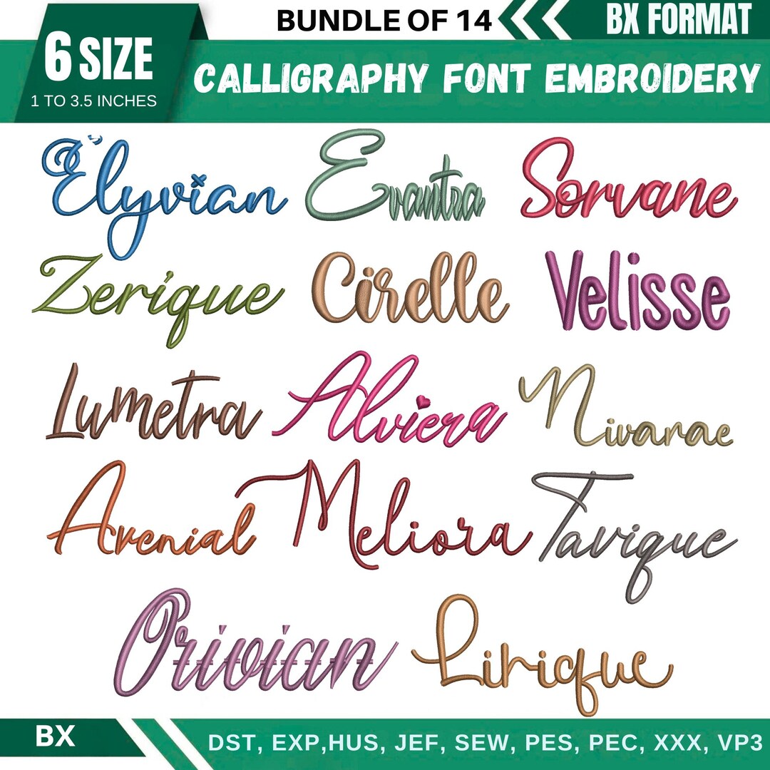 BX Cursive Machine Embroidery Font, Calligraphy Script Alphabet, Satin ...