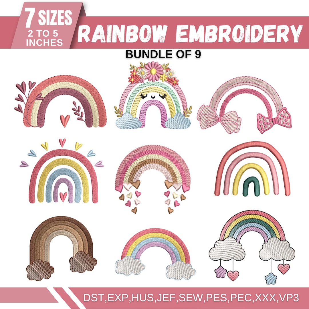 Cute Rainbow Machine Embroidery Design, Cloud Heart Bow Designs, Floral ...