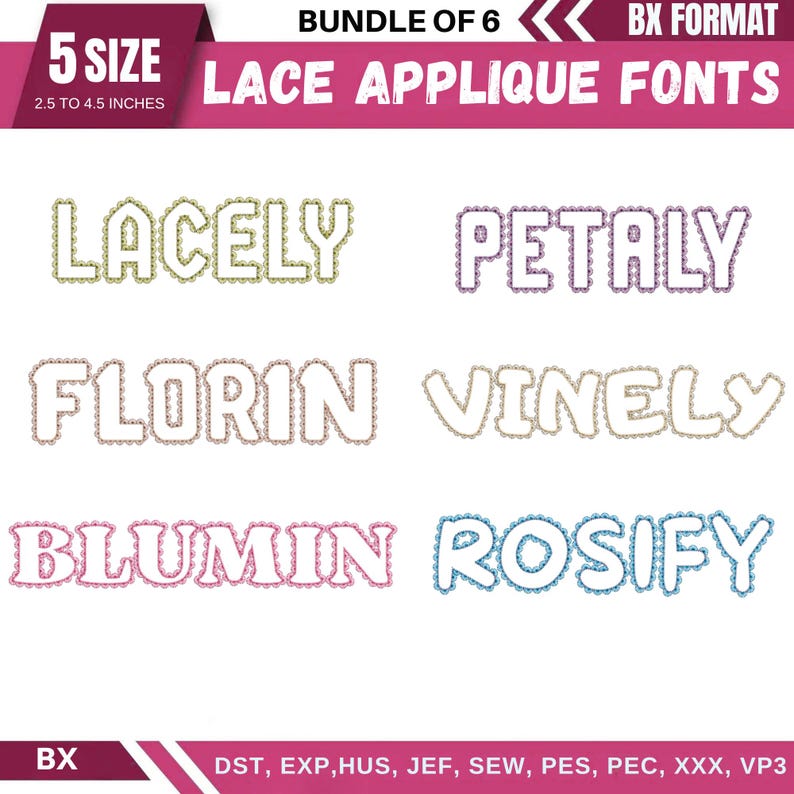Lacey Satin BX Applique Font, Faux Lace Applique, Machine Embroidery ...