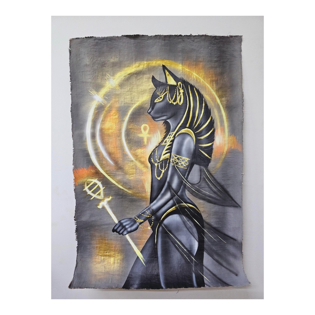 Hand Painted Egyptian Goddess Bastet on Papyrus - This Vibrant and ...