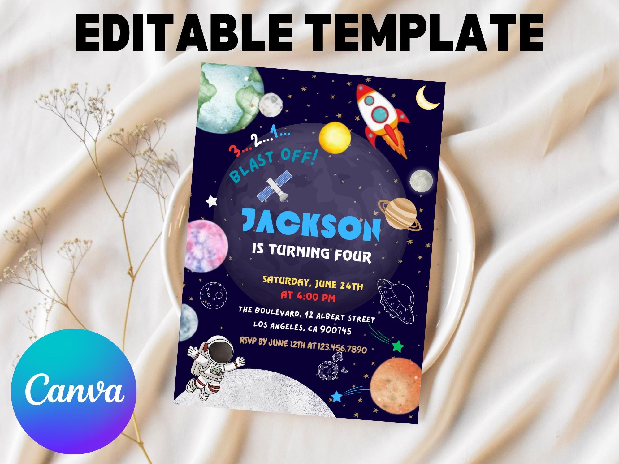 Editable Outer Space Birthday Invitation Template, Planets Rocket Ship ...