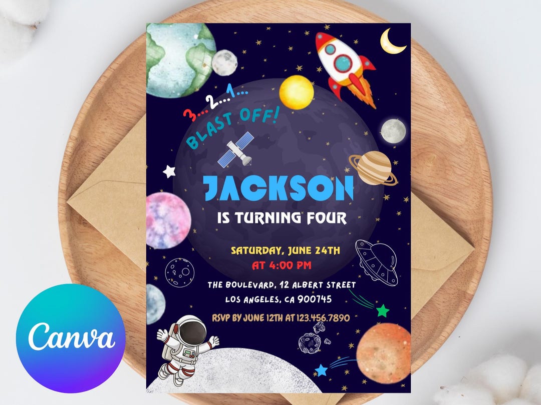 Editable Outer Space Birthday Invitation Template, Planets Rocket Ship ...