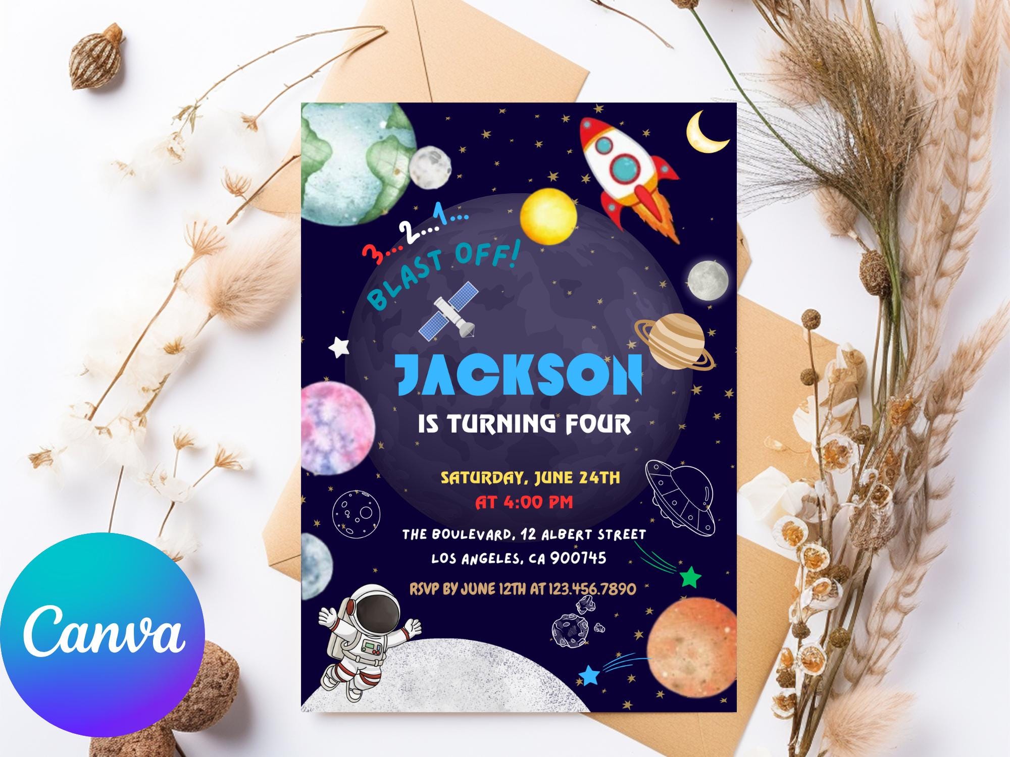 Editable Outer Space Birthday Invitation Template, Planets Rocket Ship ...